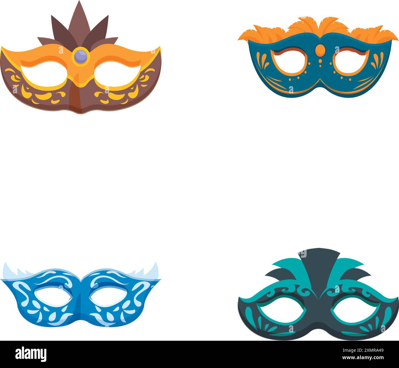 Collection of four colorful masquerade masks isolated on a white ...