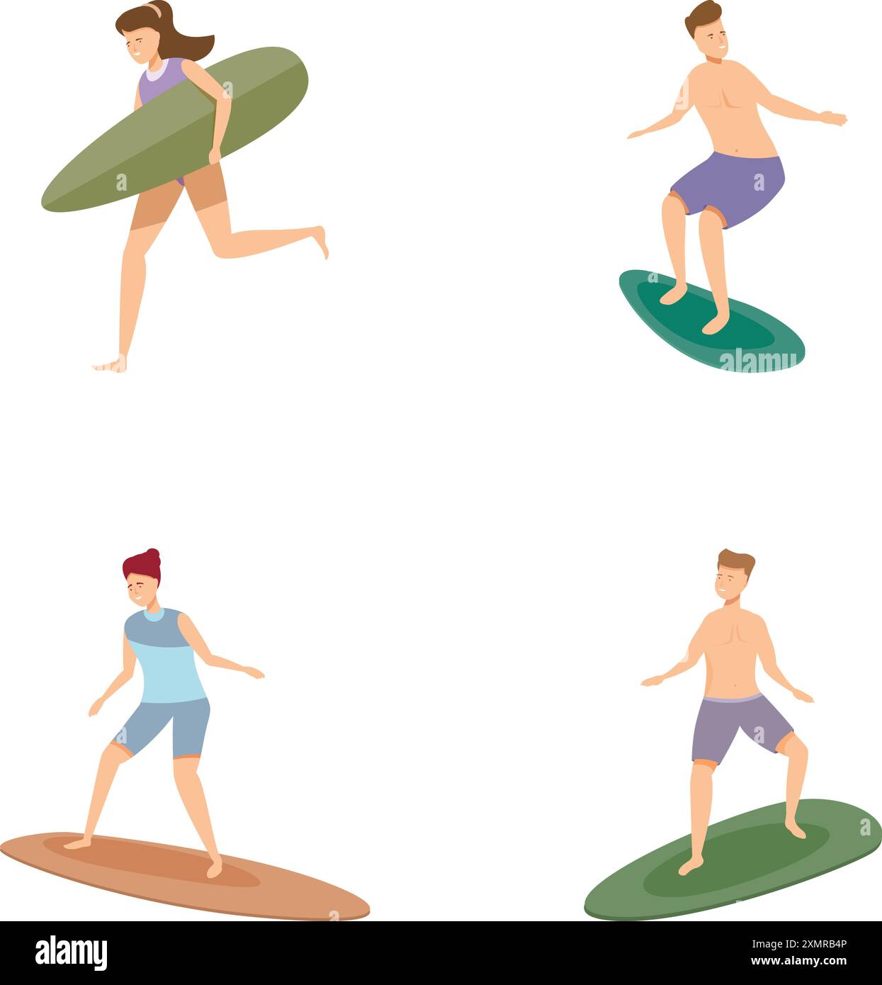 Collection of four colorful illustrations showcasing surfers with ...