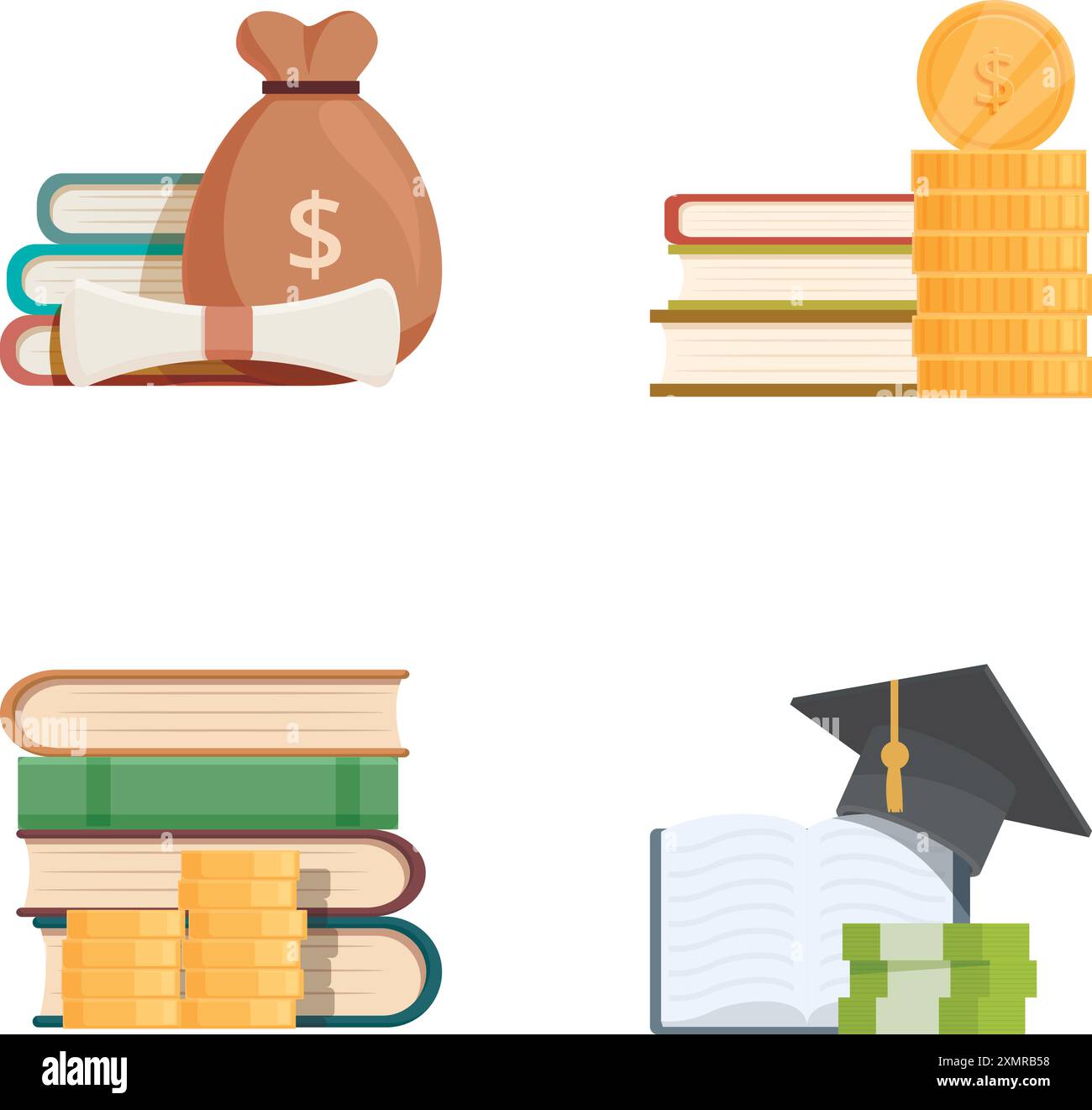 Illustrations of education investment concept with money, books, and ...