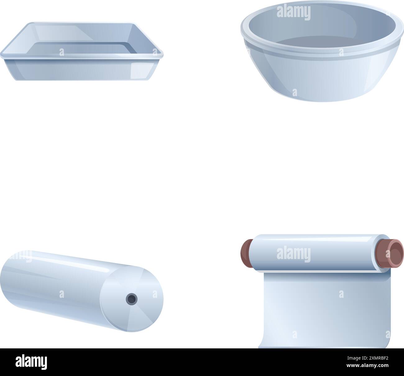 Vector illustrations of a baking tray, mixing bowl, rolling pin, and ...