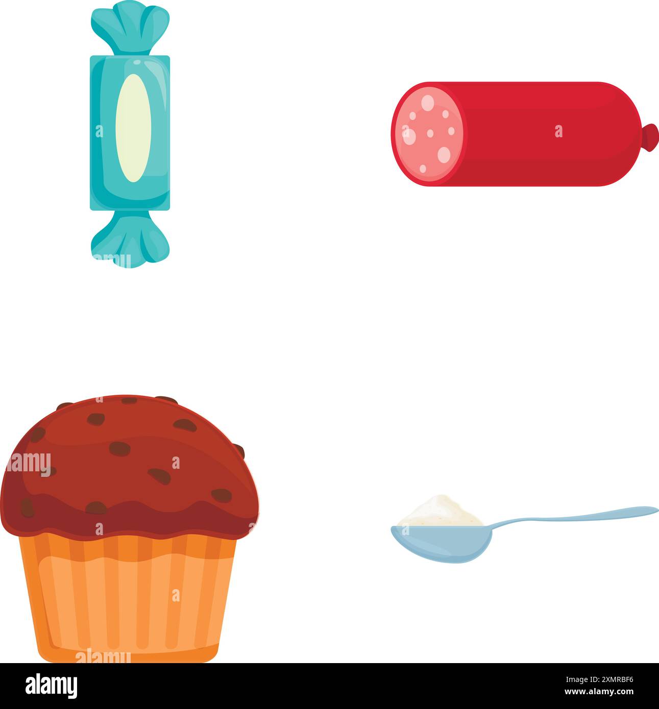 Assorted food icons set with vector illustrations of candy, sausage ...
