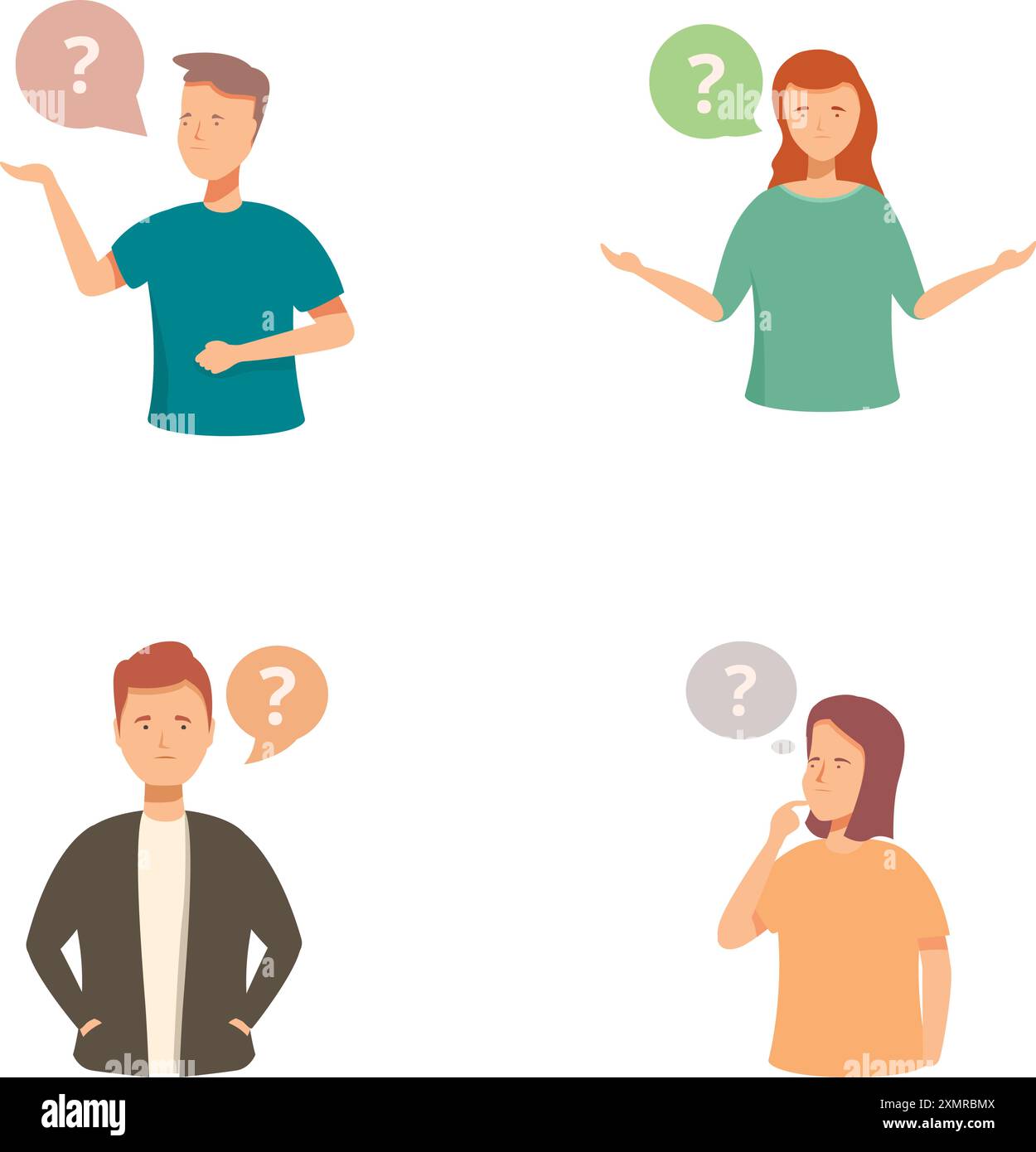 Four illustrated characters showing puzzled expressions with question ...