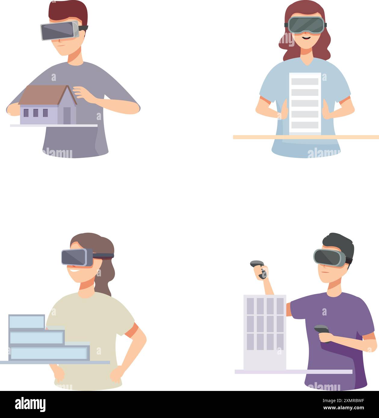 Illustrations of people using vr headsets for architectural design and ...