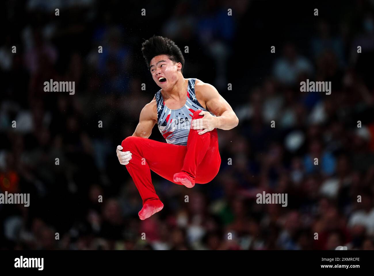 USA's Asher Hong performs on the Parallel Bars during the Men's Team ...