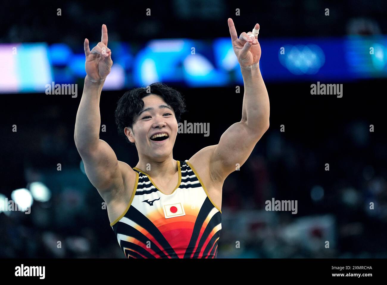 Shinnosuke Oka, of Japan, celebrates after performing in the floor ...
