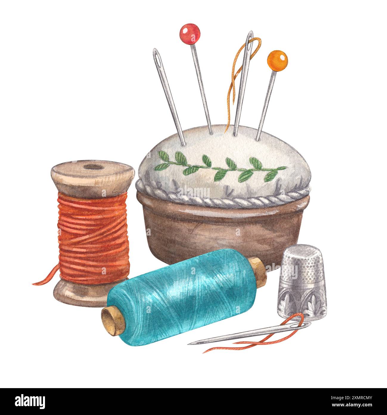 Vintage needle case, pins and threads. Watercolor hand-drawn illustration on white background ...