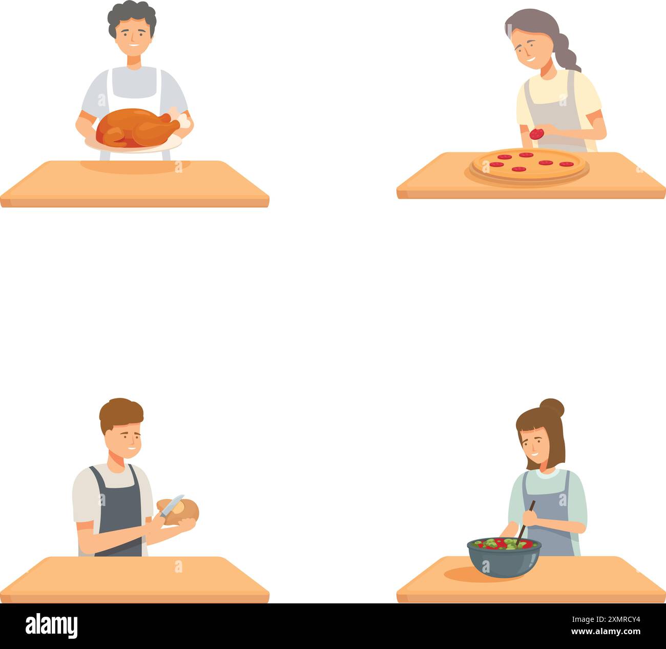 Four cartoon illustrations of young chefs cooking different dishes in a ...