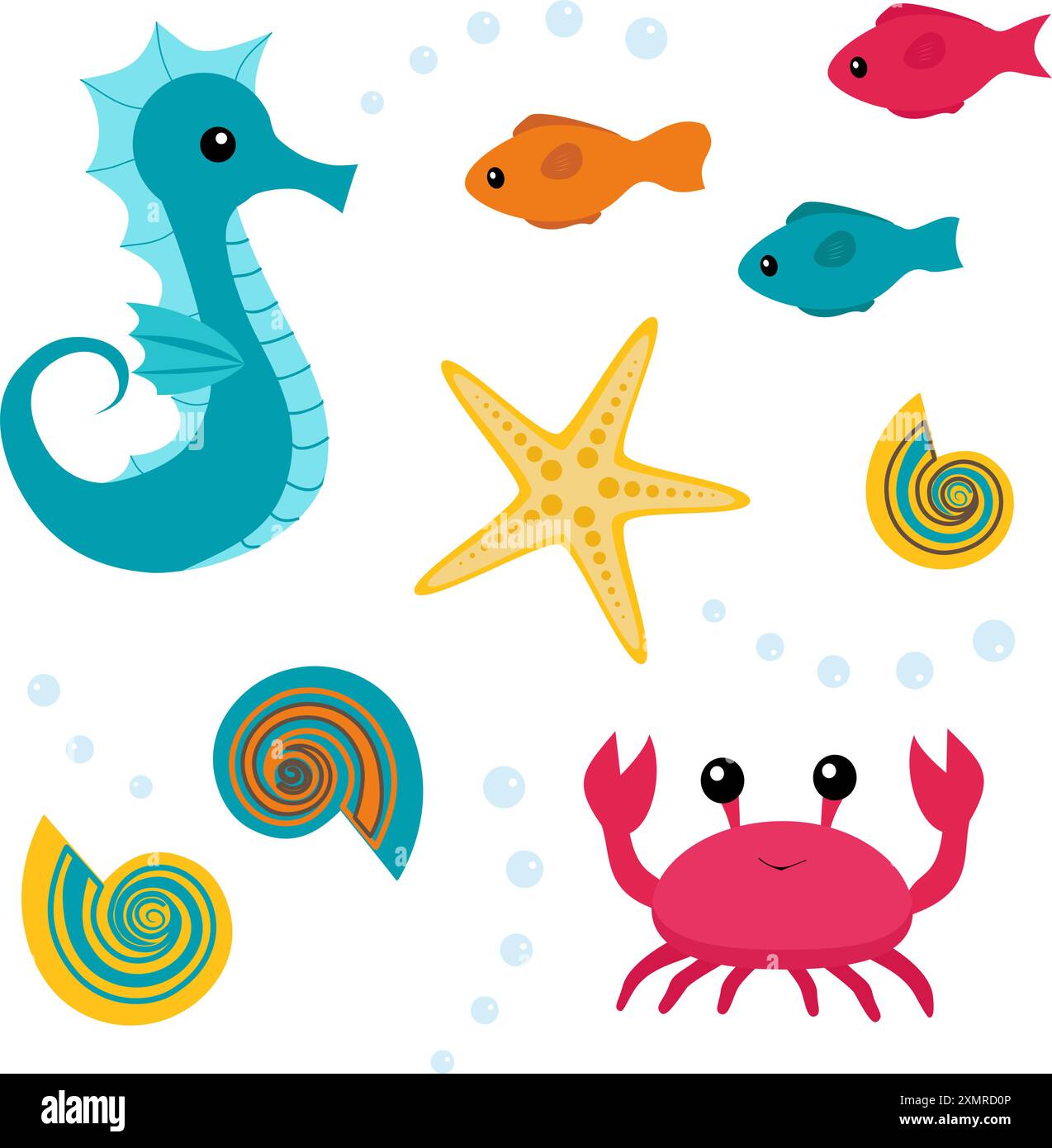 Colorful set of sea life: seahorse, fish, shell, starfish, crab Stock ...