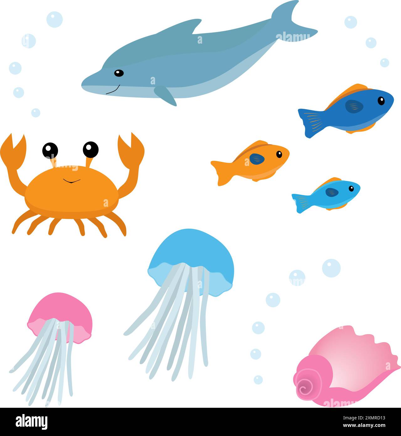 Colorful set of sea life: dolphin, crab, jellyfish, seashell Stock ...