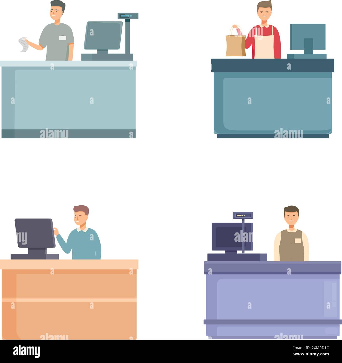 Four illustrations of cashiers, male and female, at different modern ...