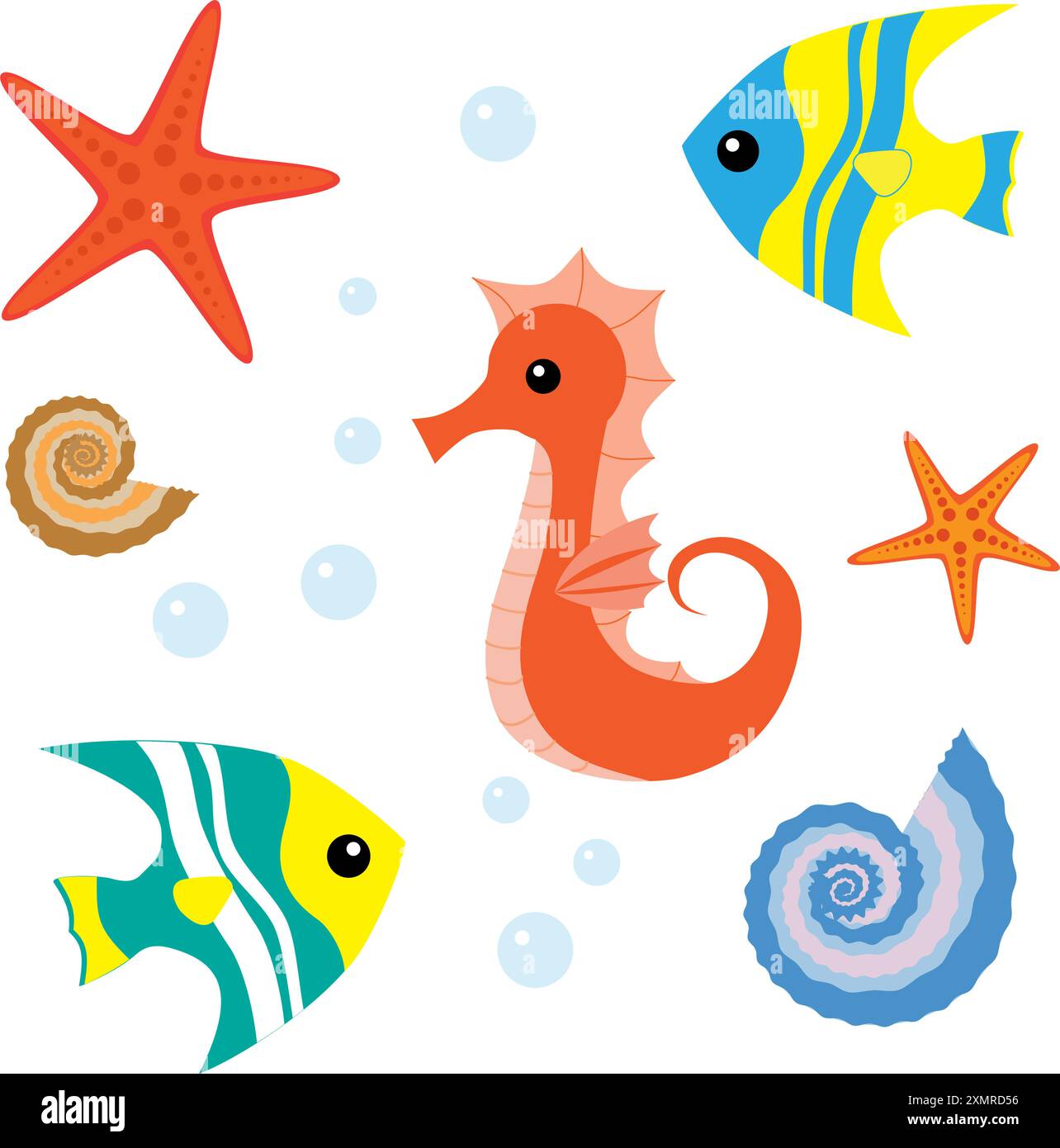 Set of sea life: seahorse, fish, shell, starfish Stock Vector Image ...