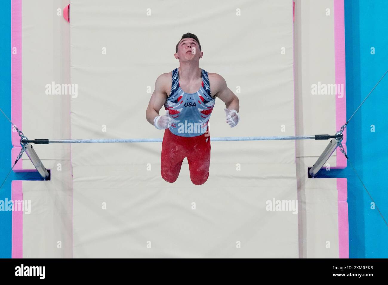 Paul Juda of the United States performs on the horizontal bar during ...