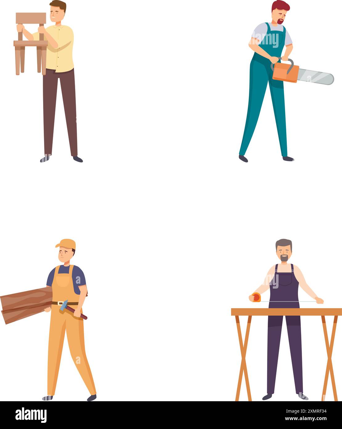 Illustrations of carpenters with tools, engaged in various woodworking ...