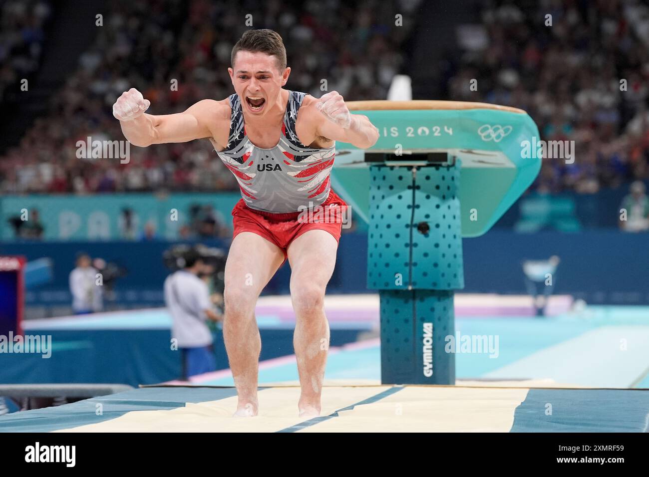 Paul Juda, of the United States, celebrates after performing on the ...