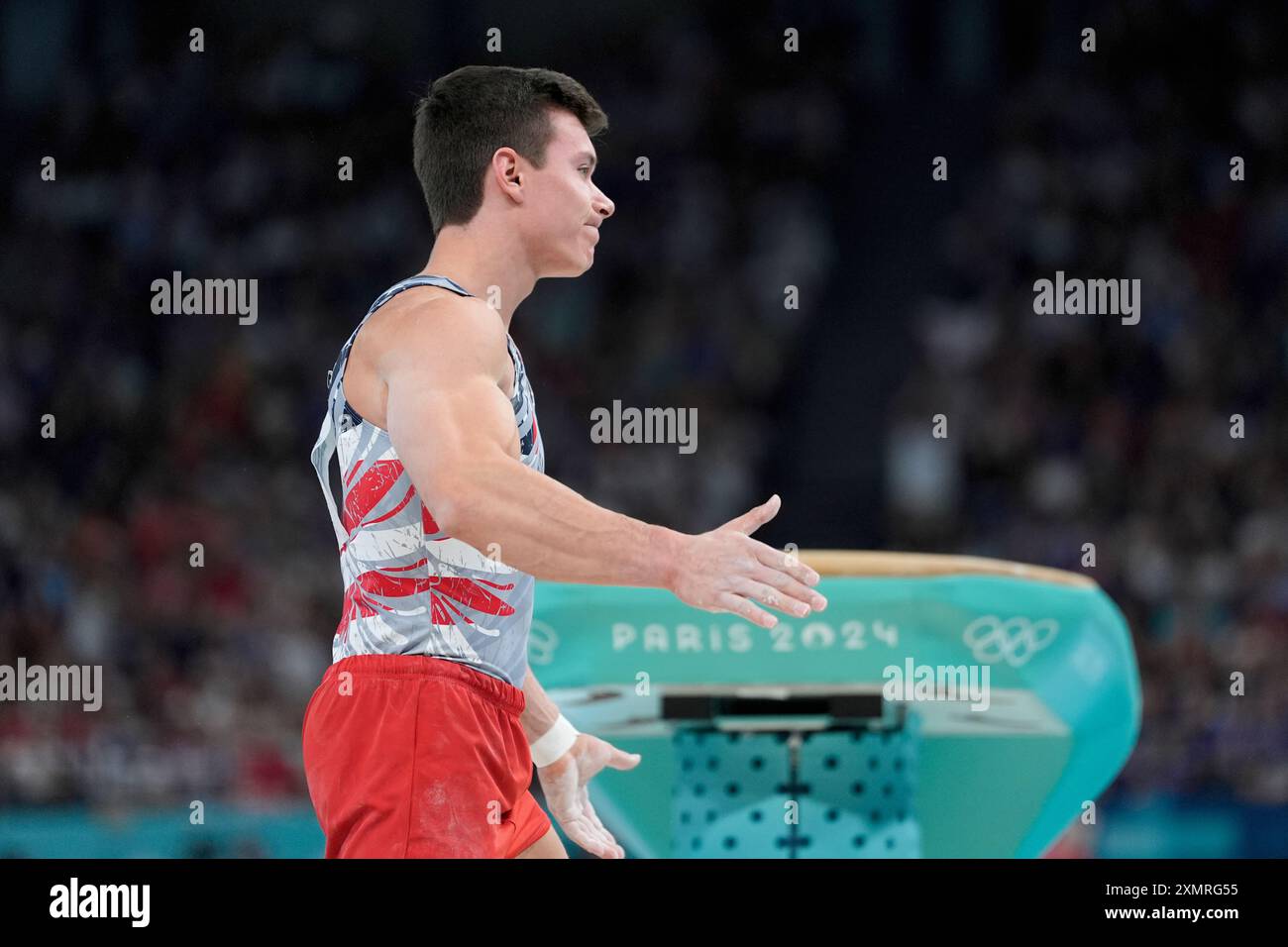 Brody Malone, of the United States, performs on the vault during the ...
