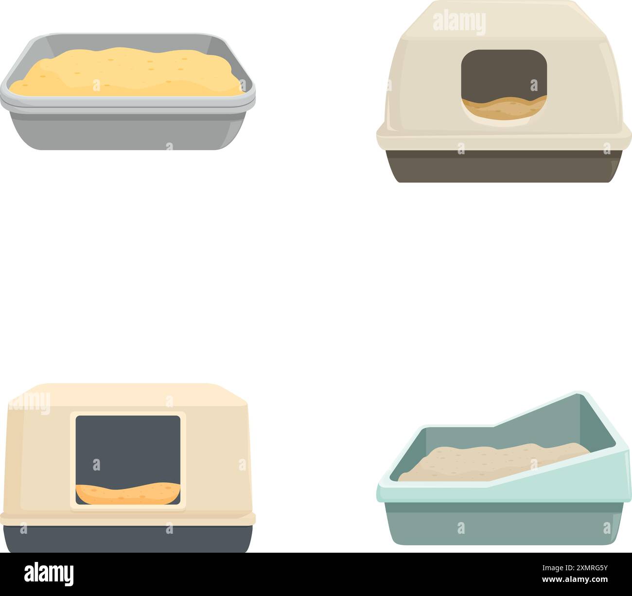 Collection of cartoon style cat litter boxes in various designs ...