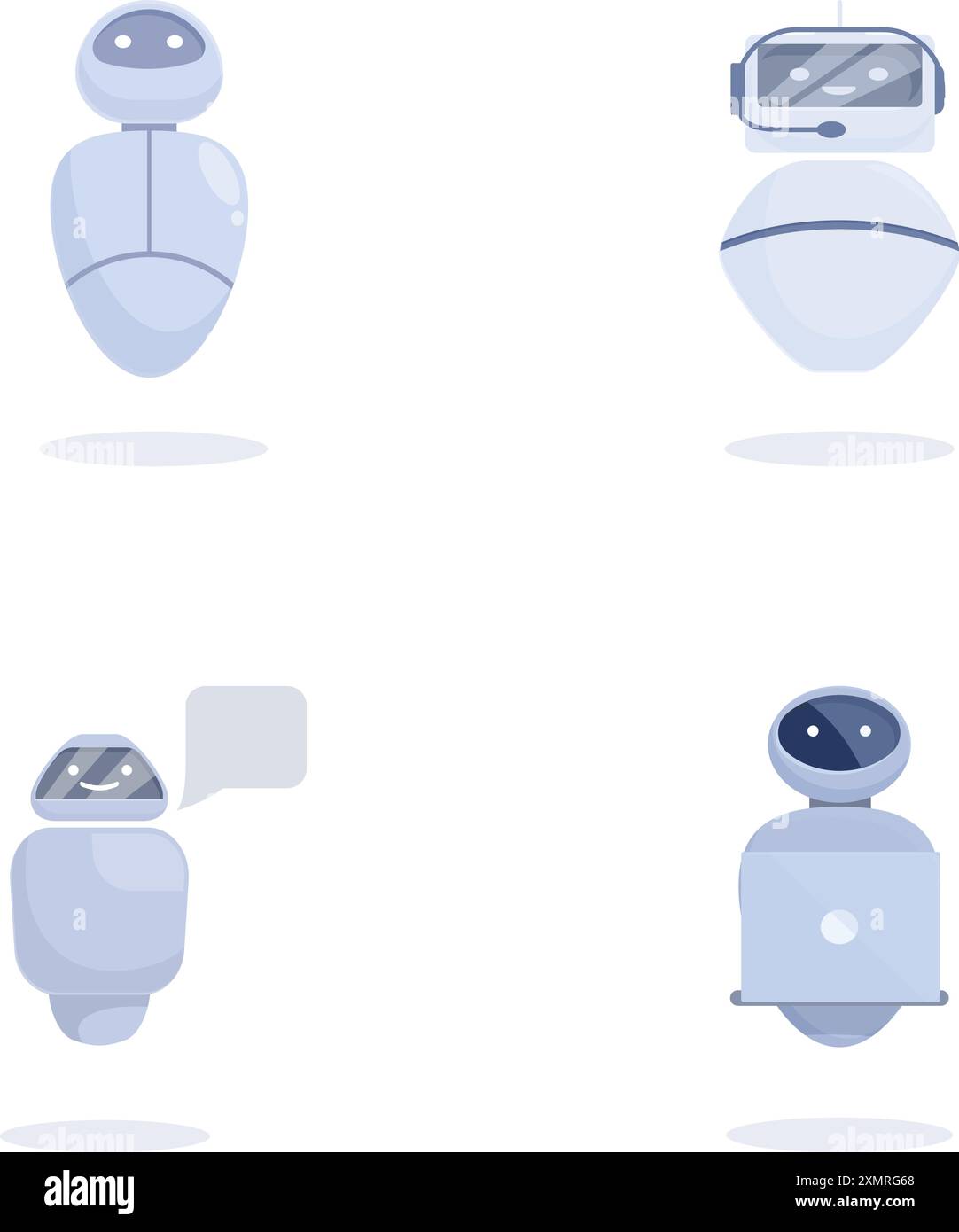 Illustration of four friendly robot characters in various poses on a ...