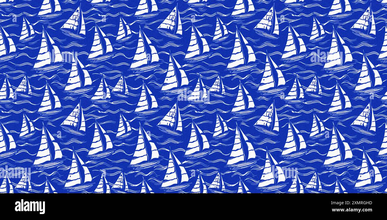 Coastal sail boat in azure ocean blue seamless border background ...