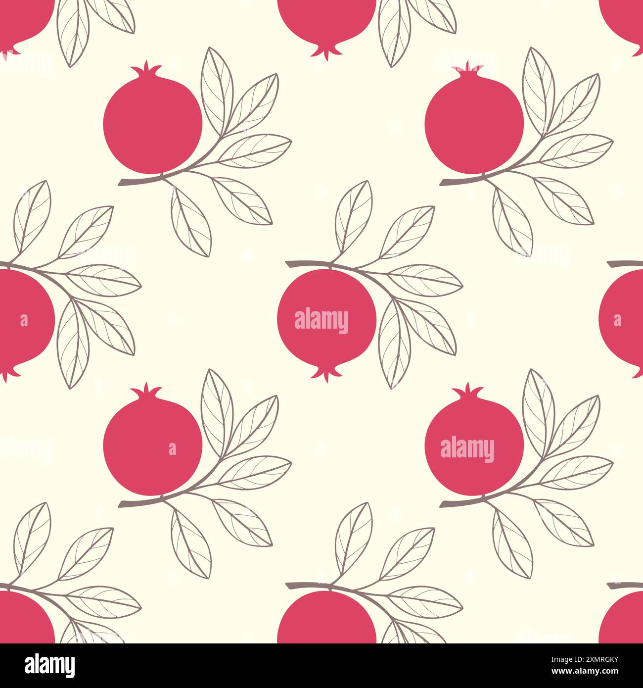 Pomegranate pattern, branch with red fruit and leaves, stylized contour ...
