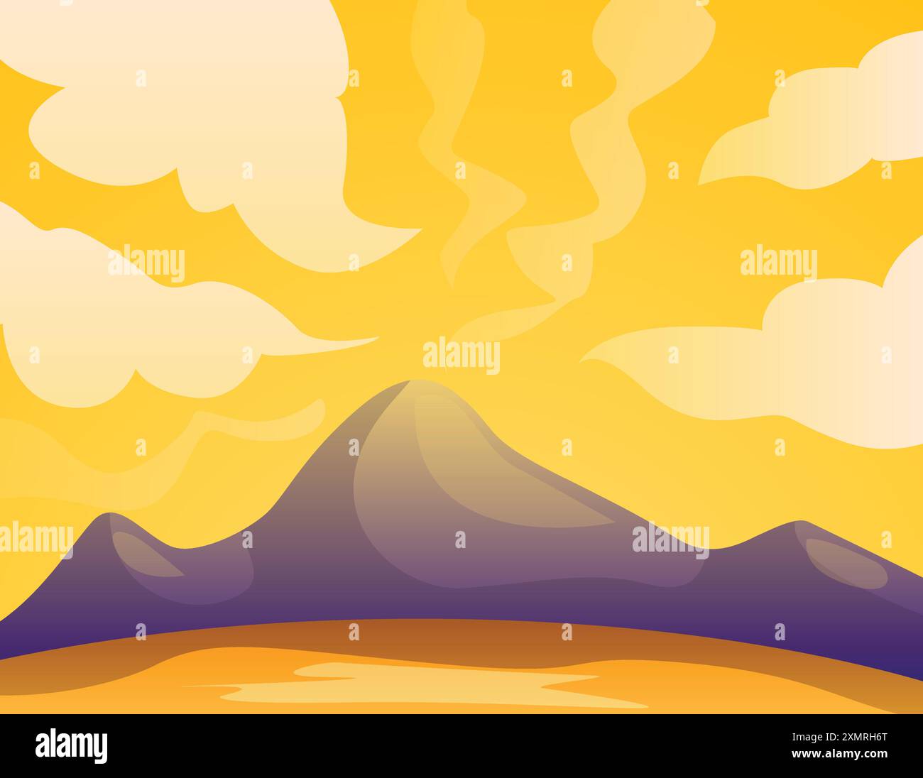 Illustration of a volcano erupting smoke and ash under yellow sky Stock ...