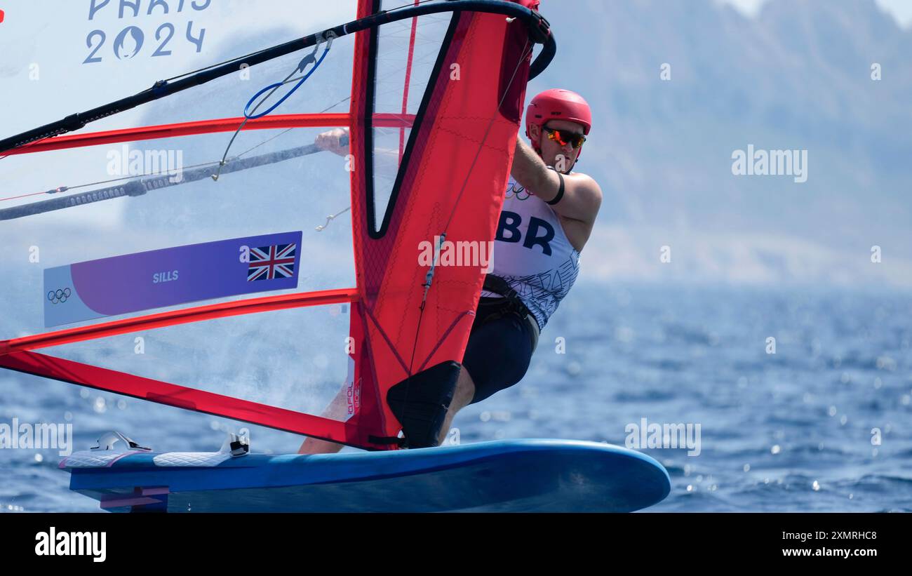 Sam Sills of Britain competes in the men's windsurfing race at the 2024 ...