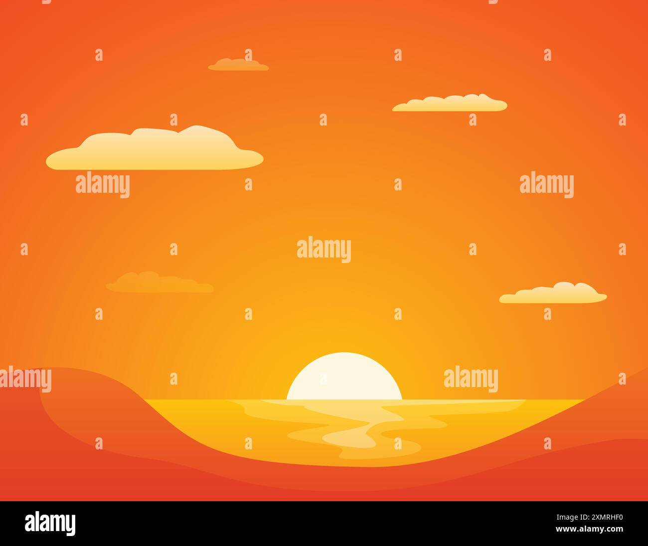 Minimalist illustration of the sun setting over the sea, with an orange ...