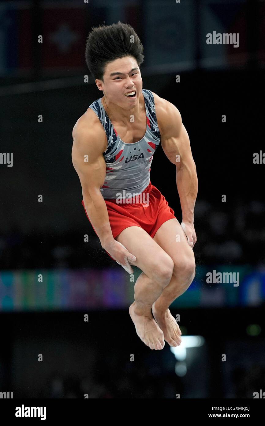 Asher Hong, of the United States, performs on the vault during the men ...