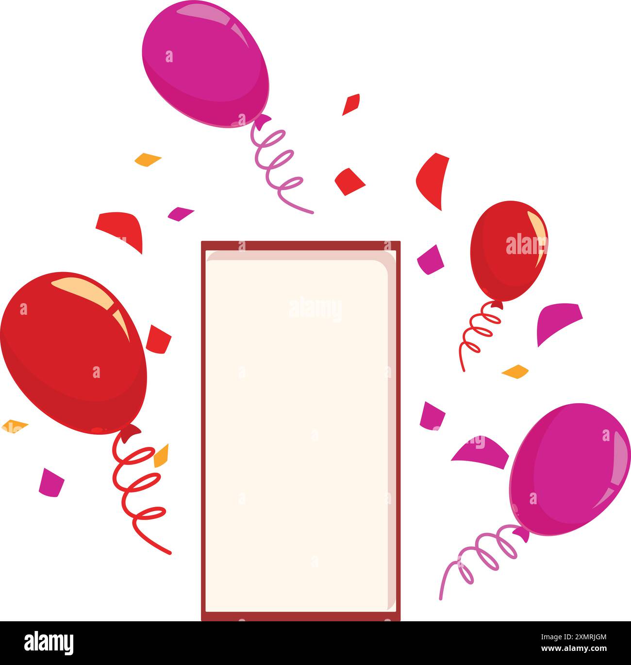 Colorful balloons floating around a blank white frame with falling ...