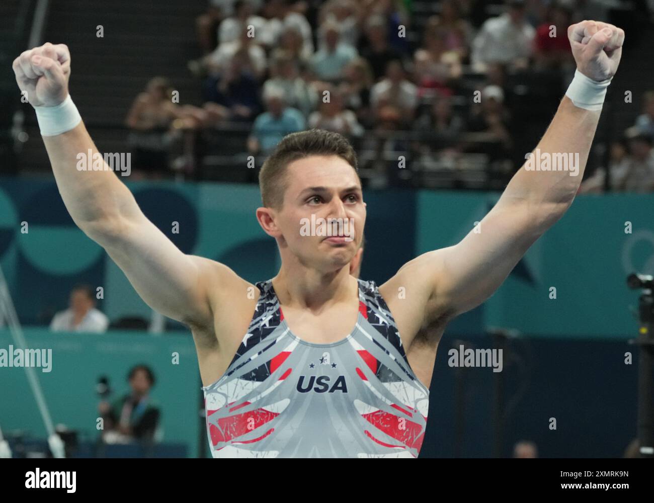 Paris, France. 29th July, 2024. Paul Juda of the U.S. celebrates after ...