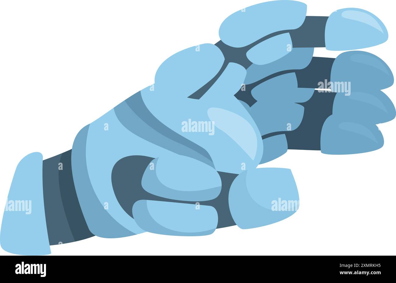 Blue robot hand reaching out with fingers spread open in side view ...
