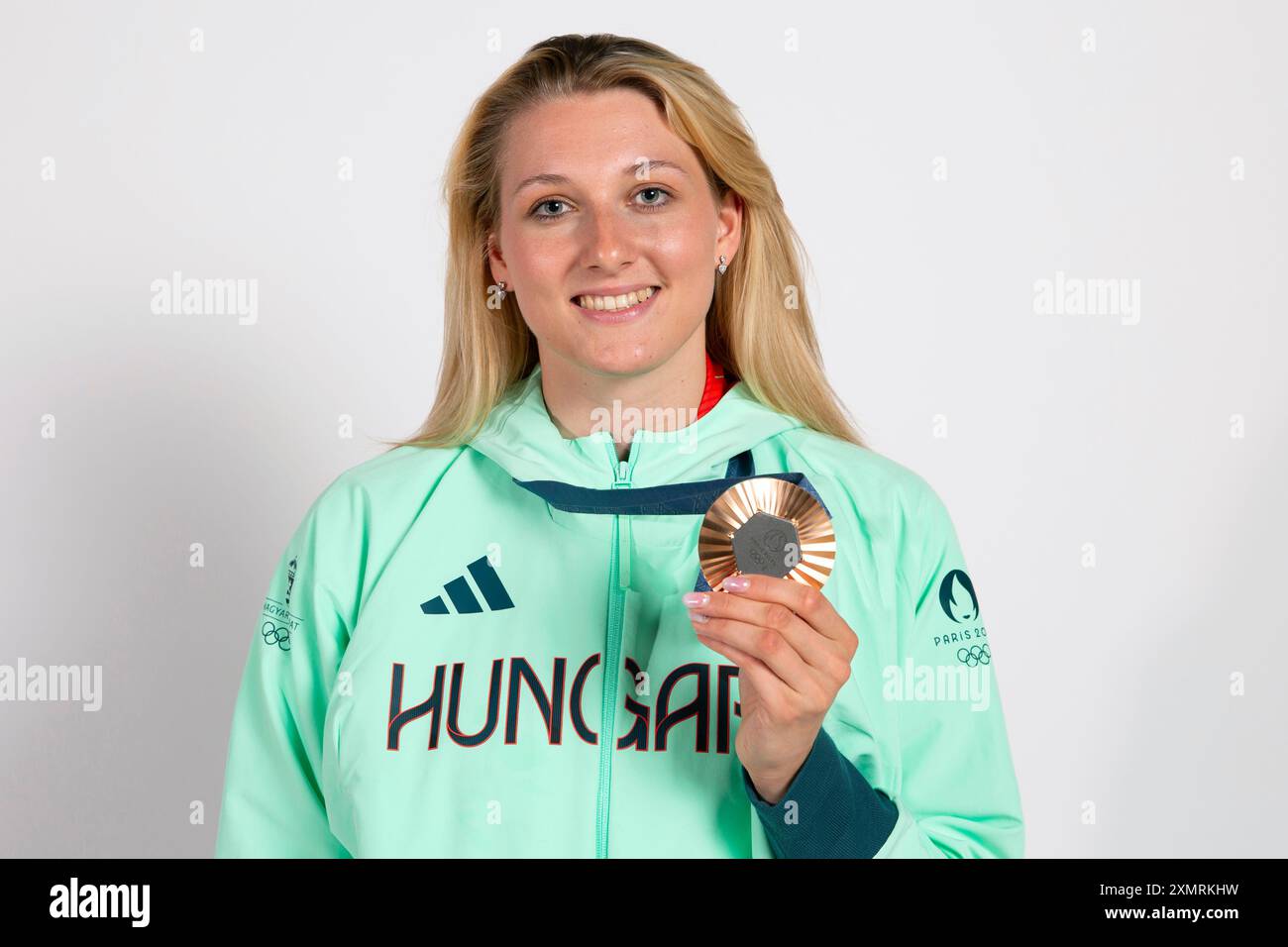Hungary's Eszter Muhari, bronze medalist in fencing poses during a ...