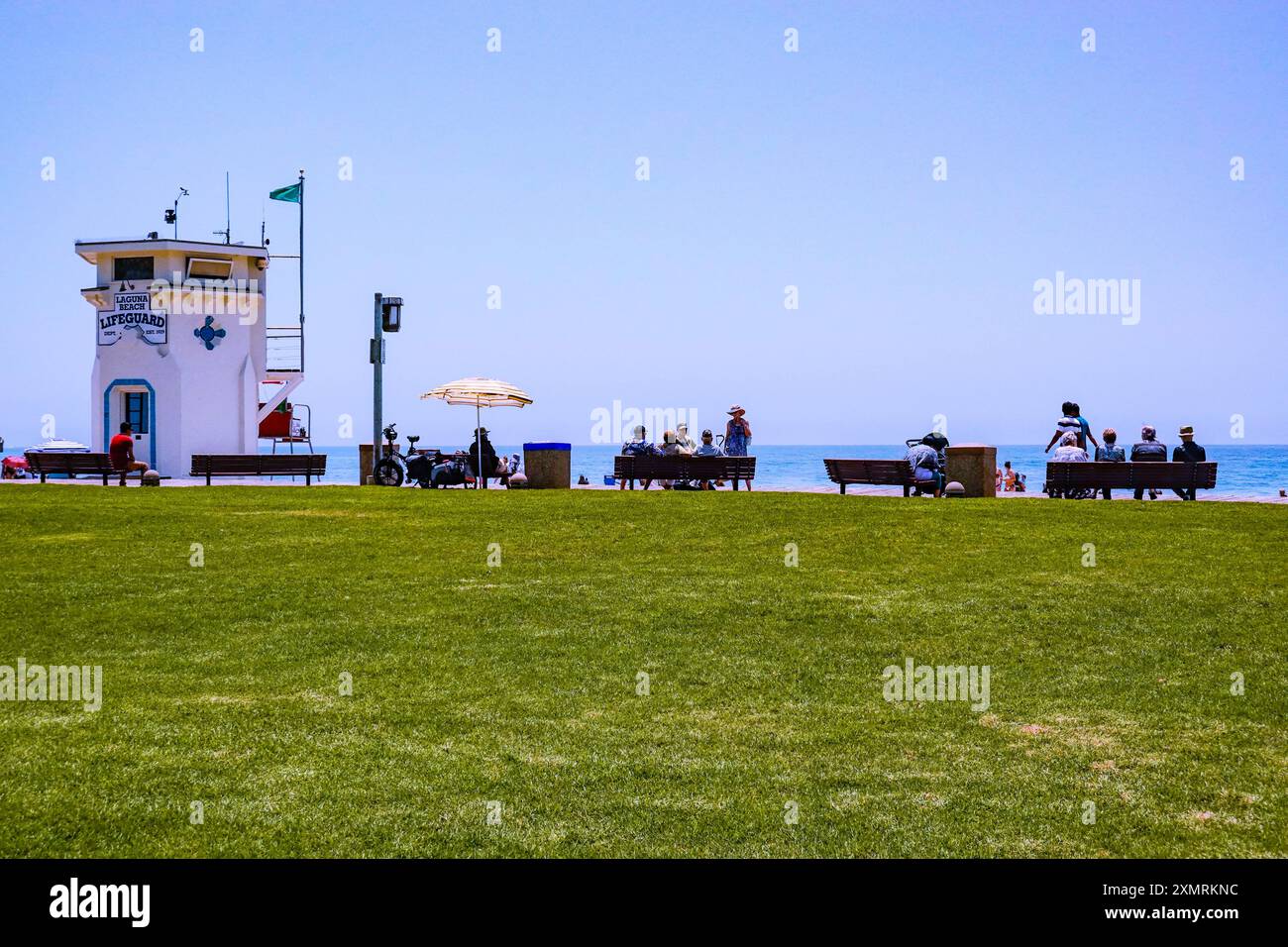 Laguna Beach, California city park and Main Beach Lifeguard Tower Stock ...