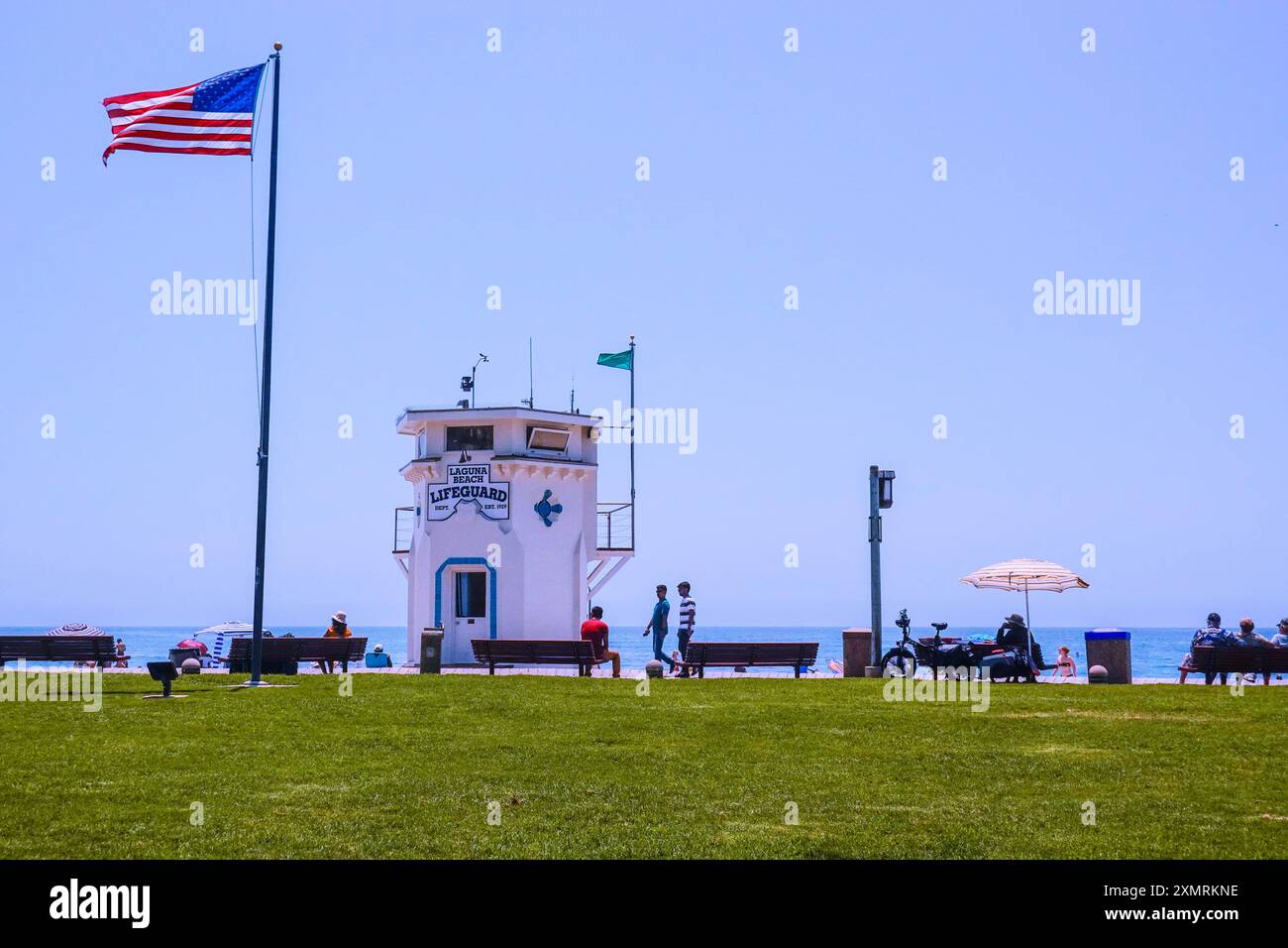 Laguna Beach, California city park and Main Beach Lifeguard Tower Stock ...
