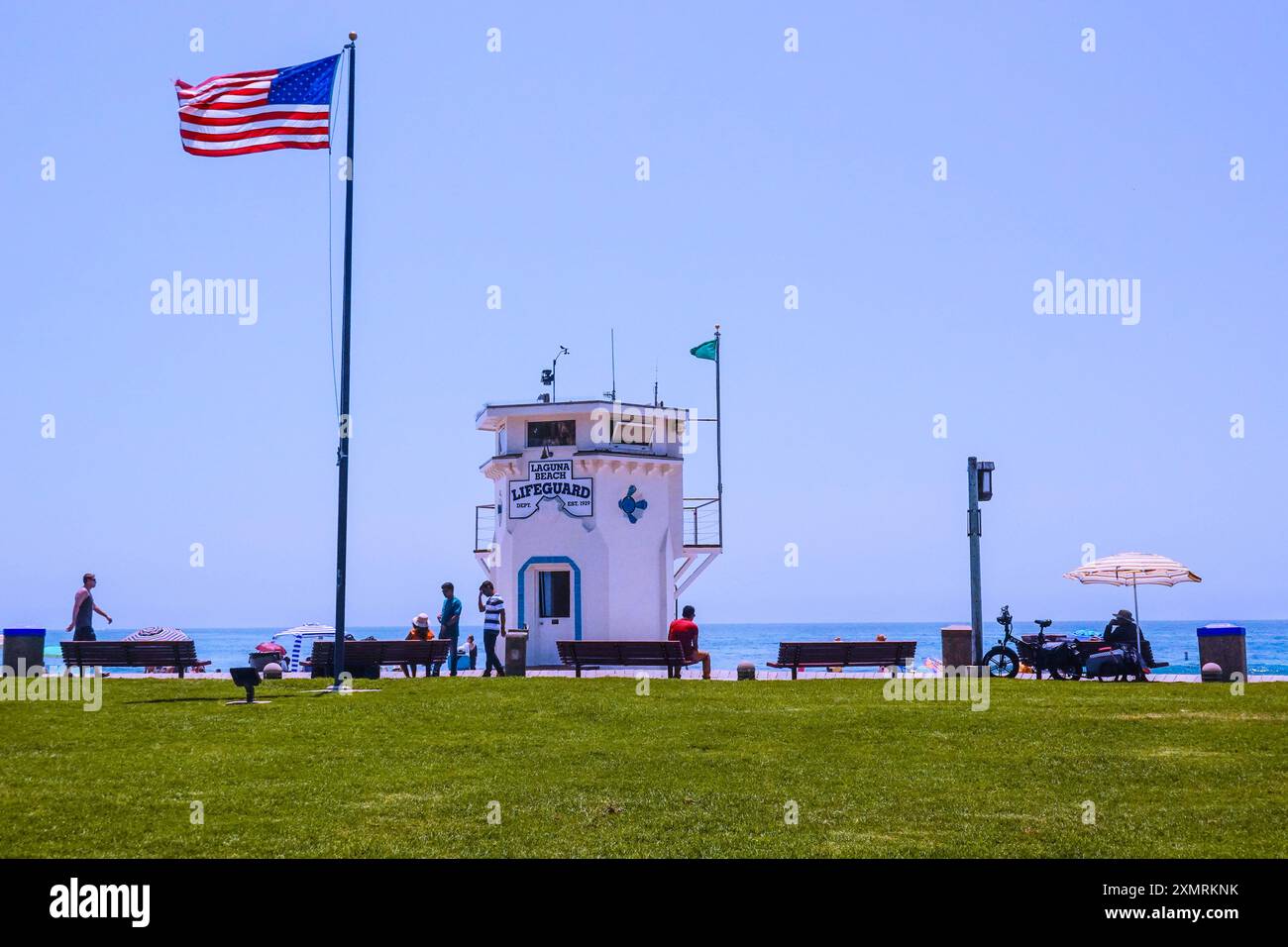 Laguna Beach, California city park and Main Beach Lifeguard Tower Stock ...