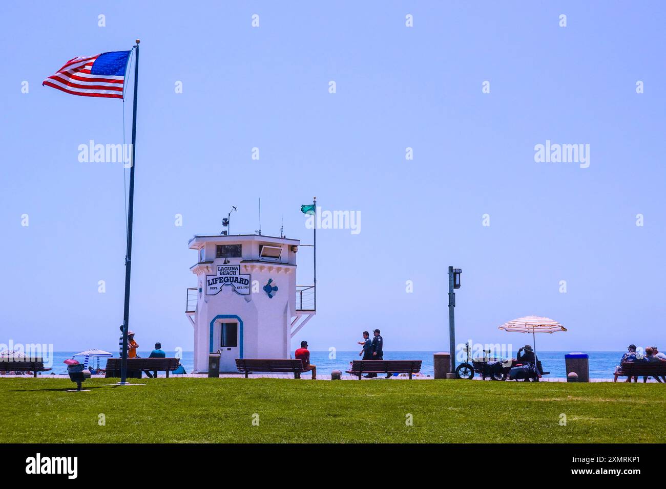 Laguna Beach, California city park and Main Beach Lifeguard Tower Stock ...