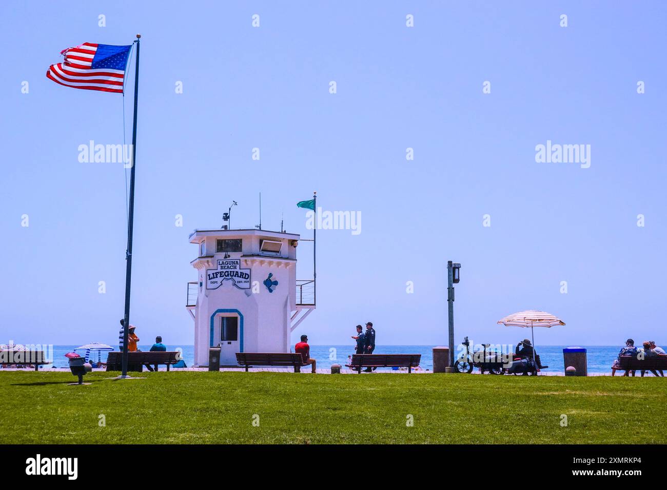 Laguna Beach, California city park and Main Beach Lifeguard Tower Stock ...