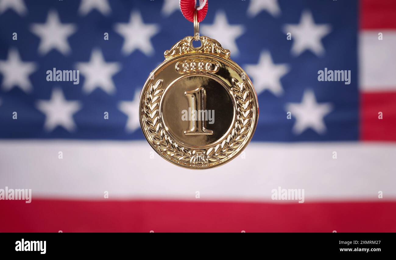 Gold silver and bronze mockup trophy medals with ribbon against United ...