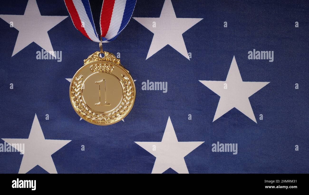 Gold silver and bronze mockup trophy medals with ribbon against United ...