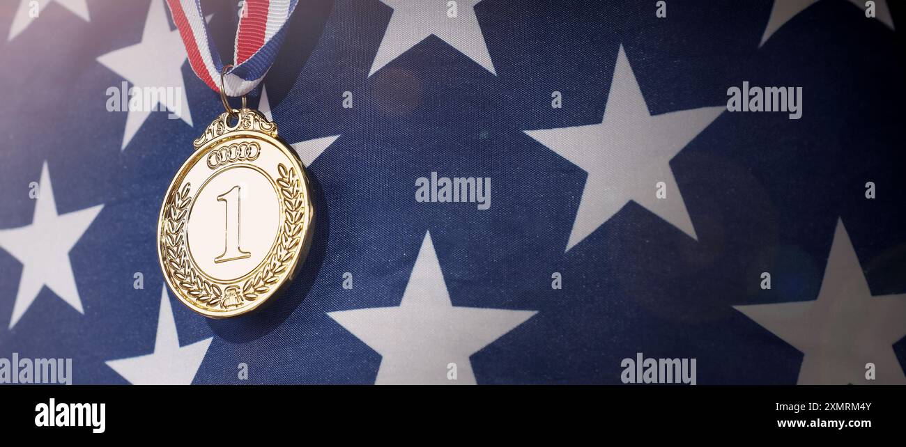 Gold silver and bronze mockup trophy medals with ribbon against United ...