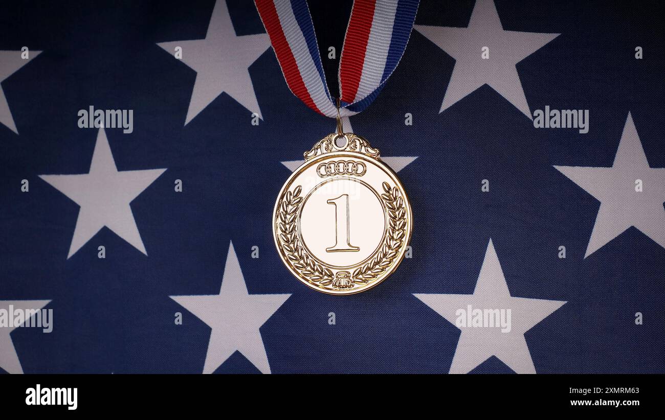 Gold silver and bronze mockup trophy medals with ribbon against United ...