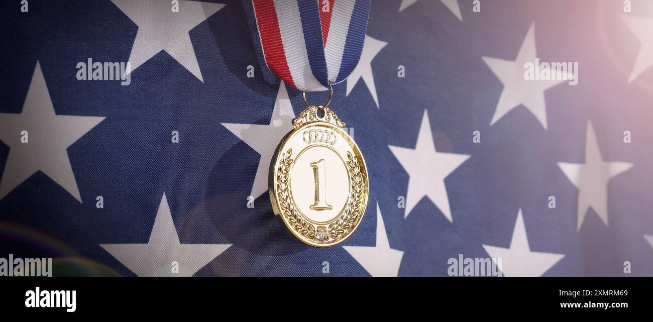 Gold silver and bronze mockup trophy medals with ribbon against United ...