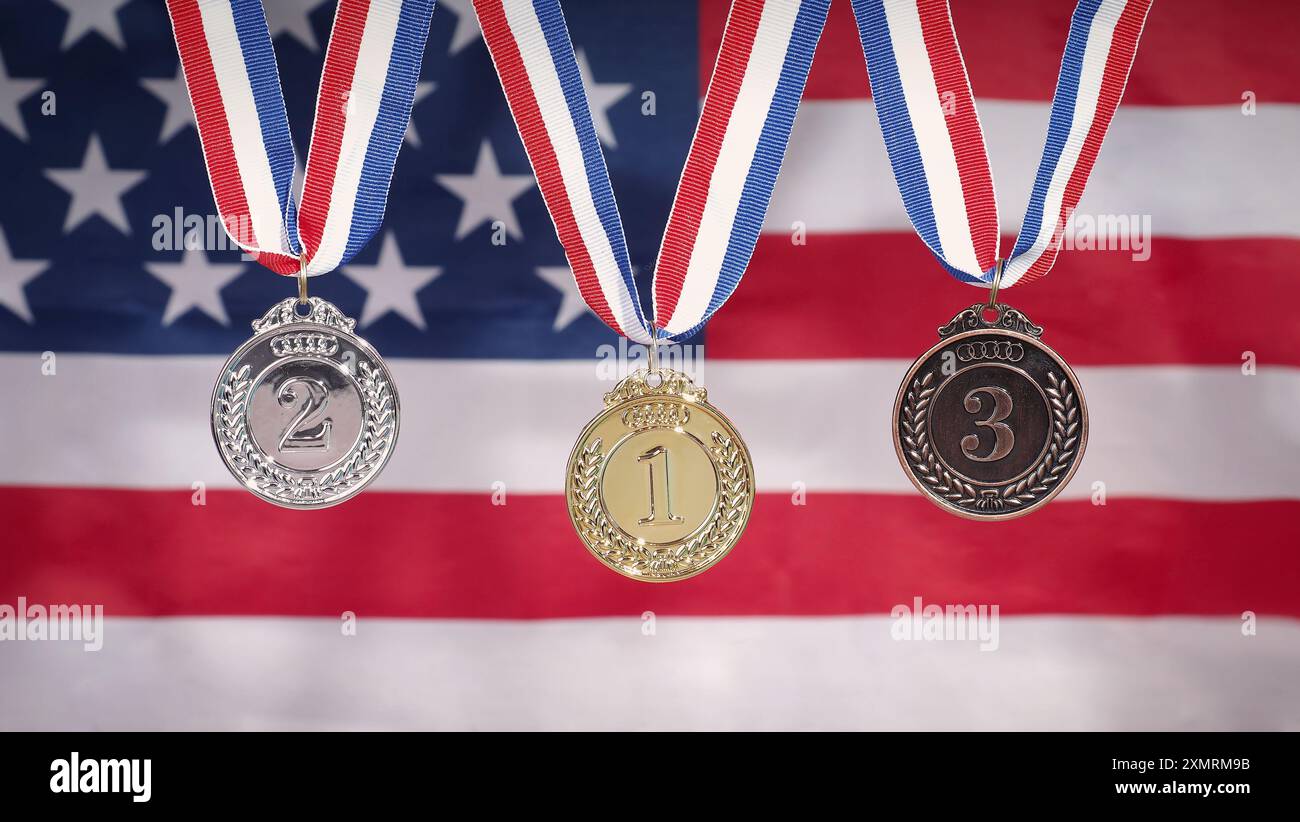 Gold silver and bronze mockup trophy medals with ribbon against United ...