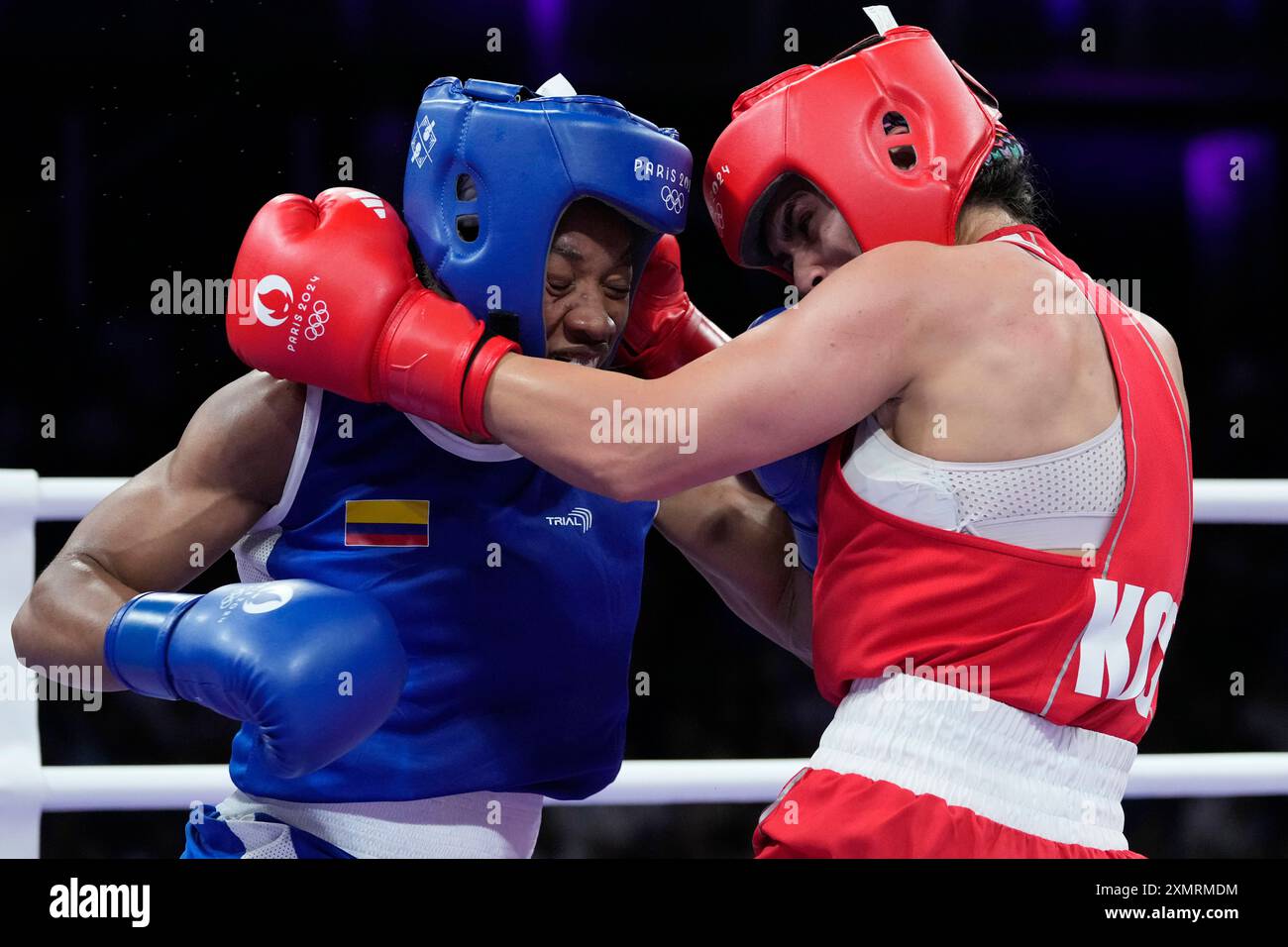 Kosovo's Donjeta Sadiku, right, fights Colombia's Angie Valdes in their ...