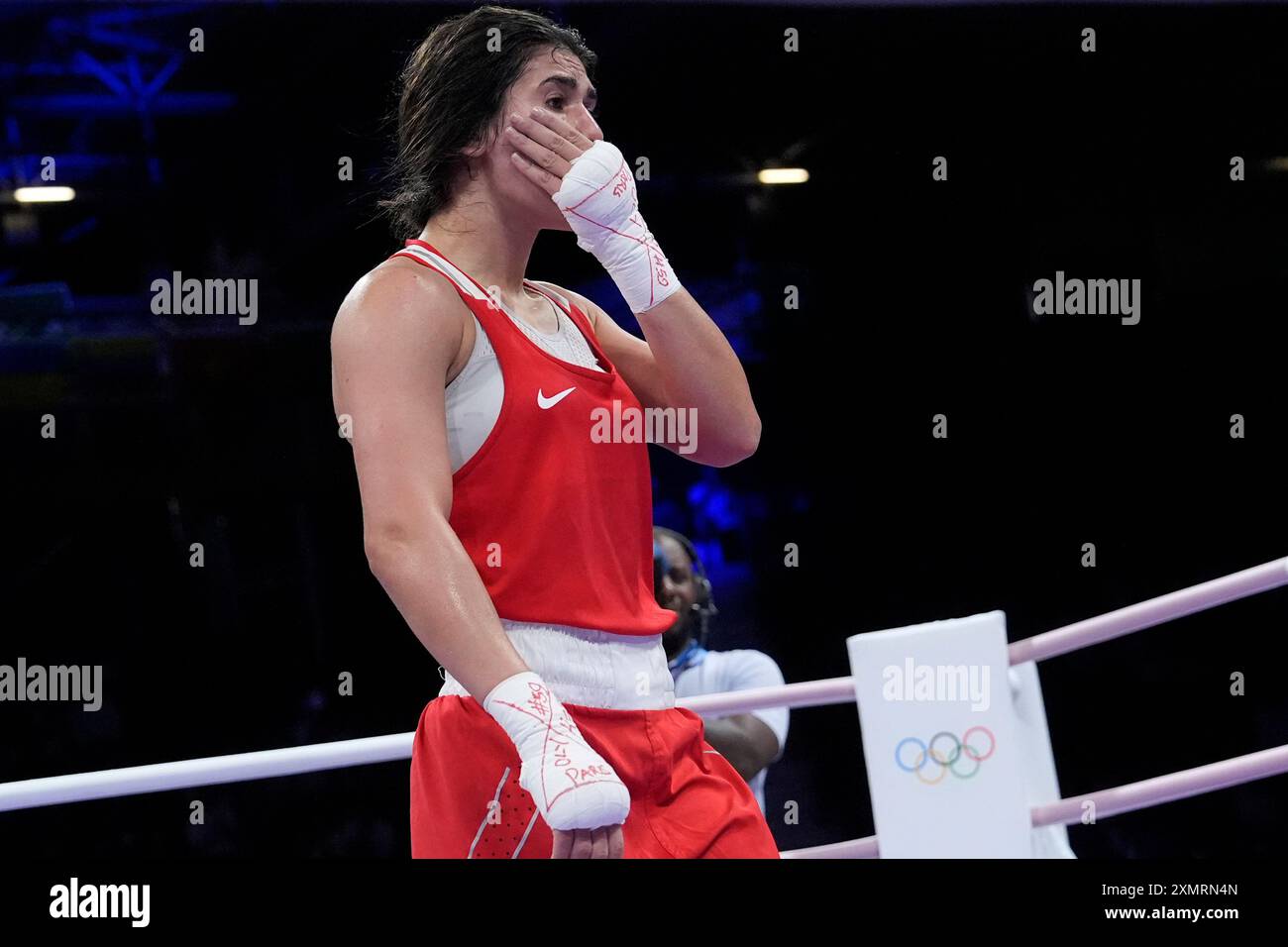 Kosovo's Donjeta Sadiku reacts after losing to Colombia's Angie Valdes ...