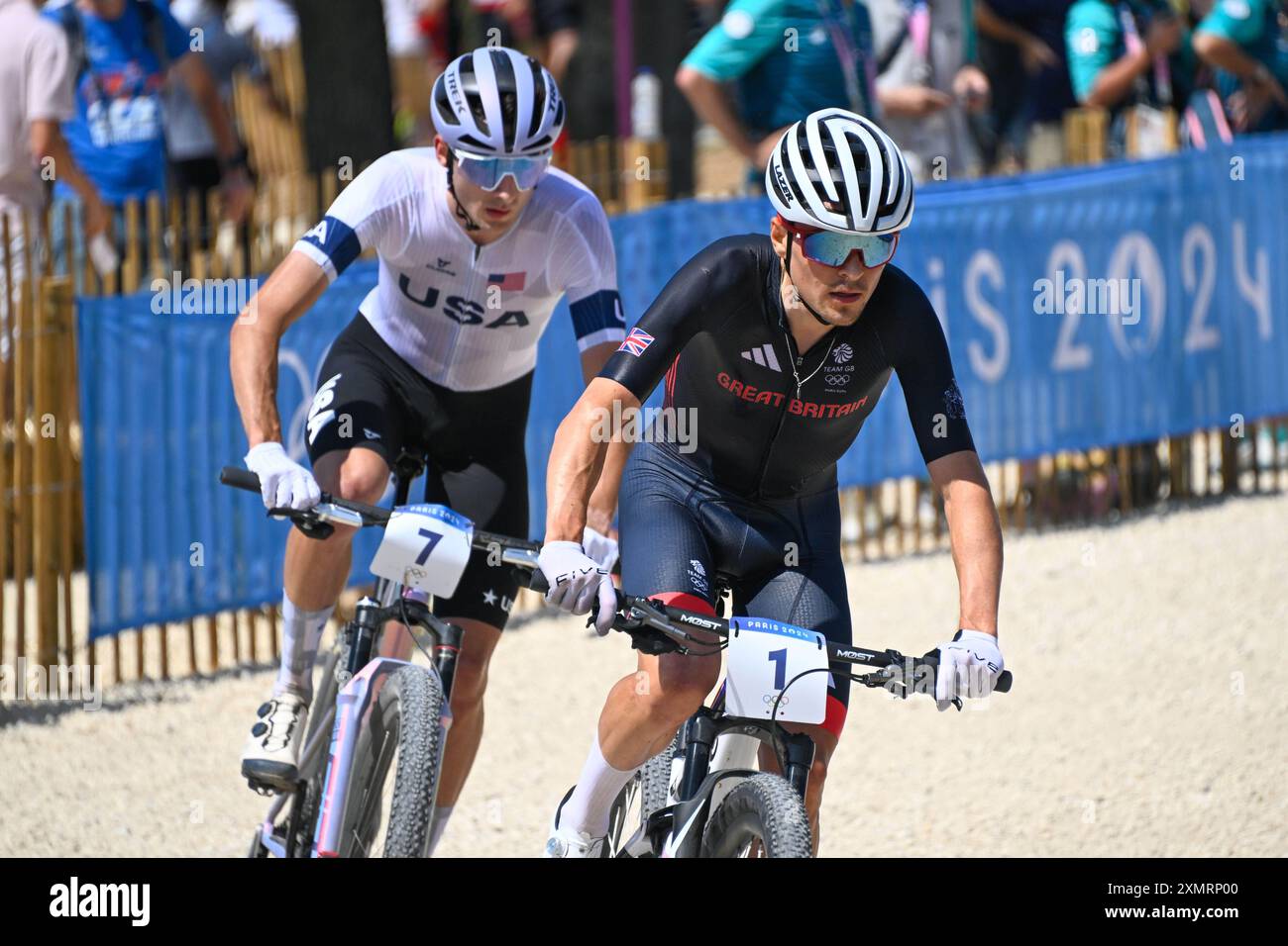Paris, France. 29th July, 2024. Tom Pidcock ( GBR ) and Riley Amos ...