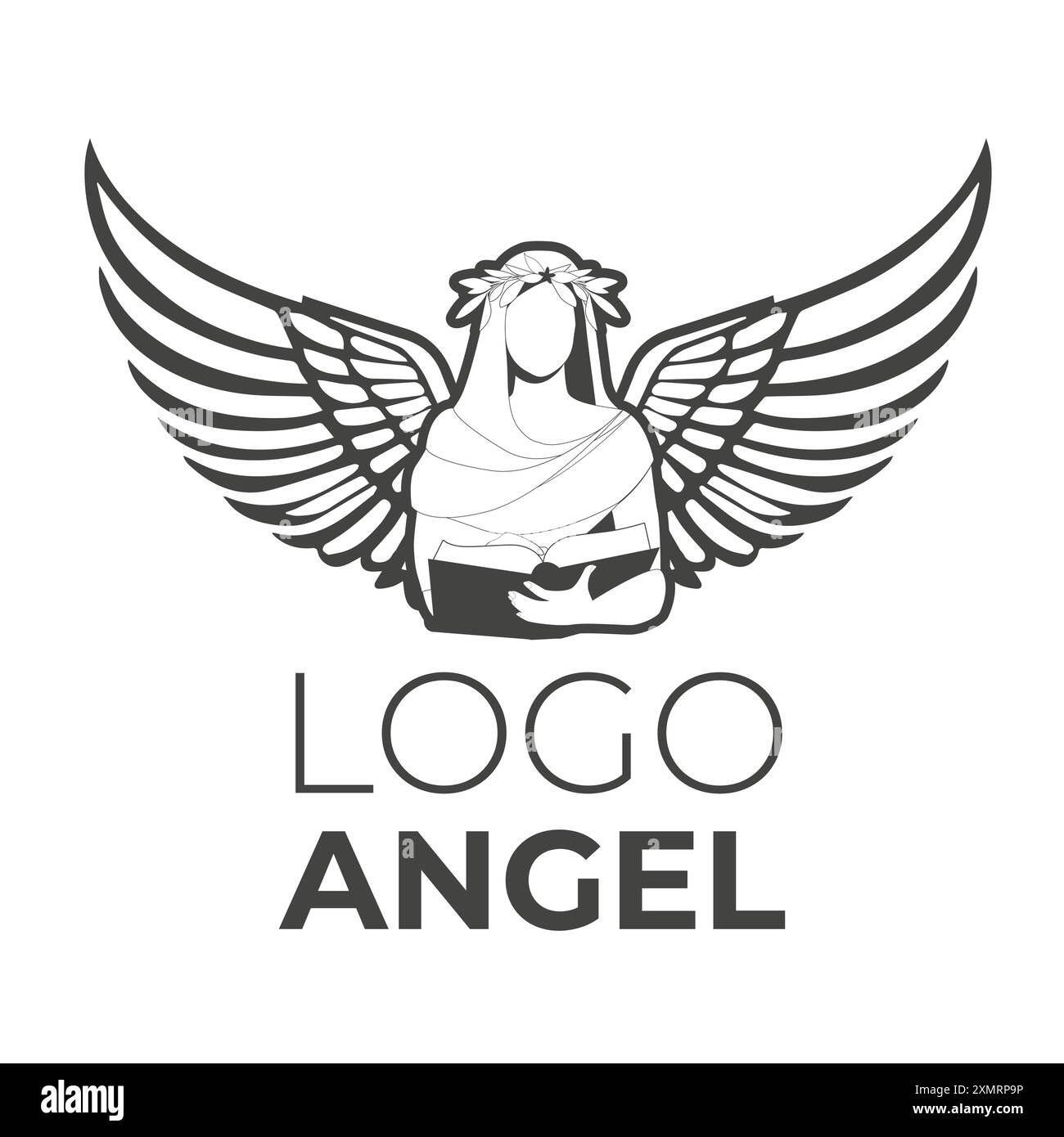 Stylized icon image of angel with big wings holding a book. Symbol ...