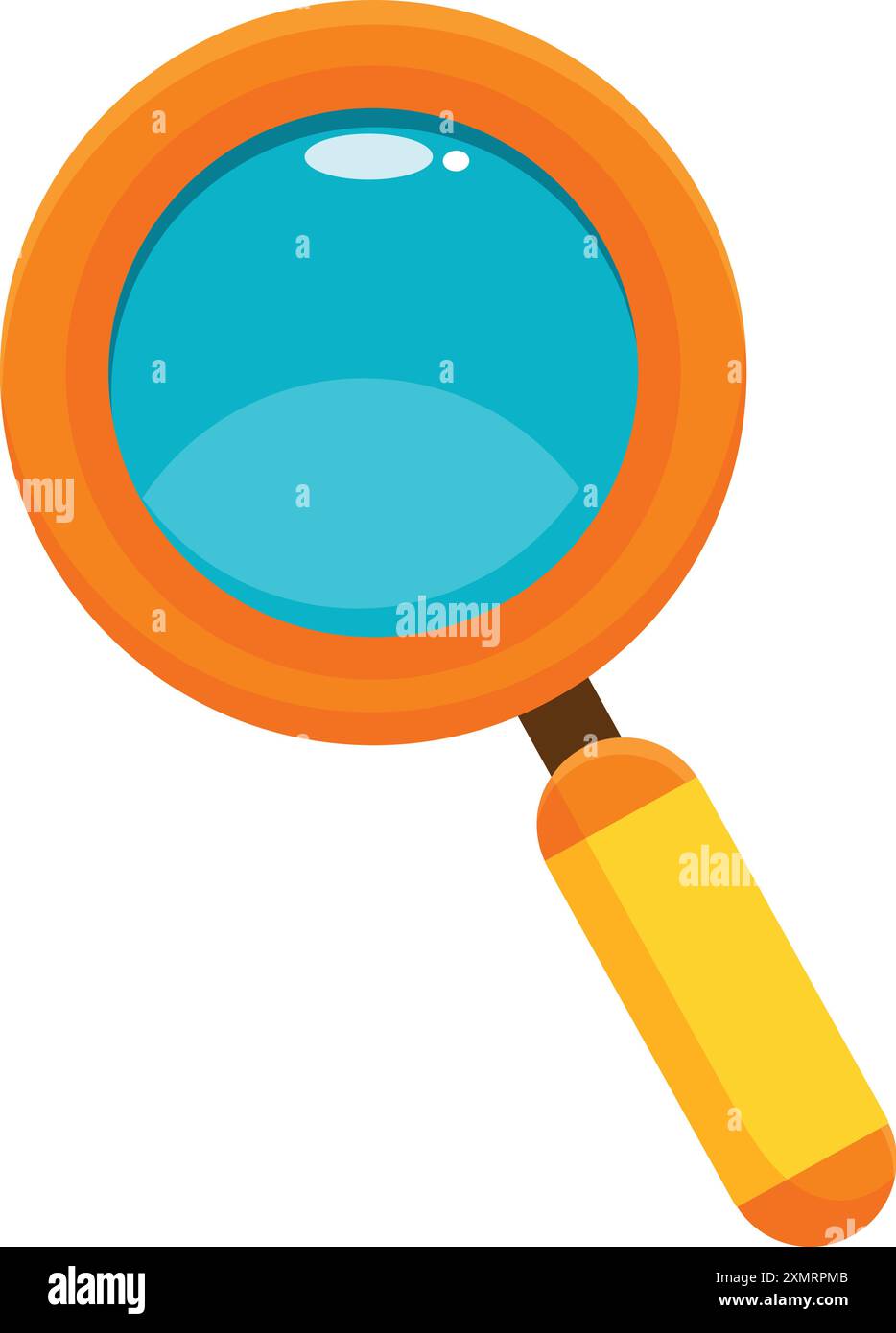 Cartoon magnifying glass with a bright orange handle and a blue lens is ...