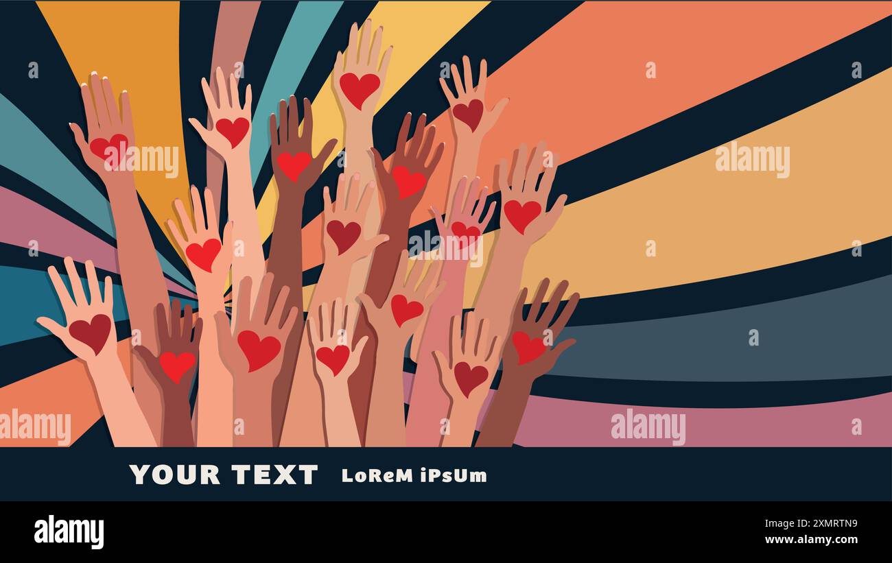 Raised hands. Diverse people holding a heart. Charitable donation and ...