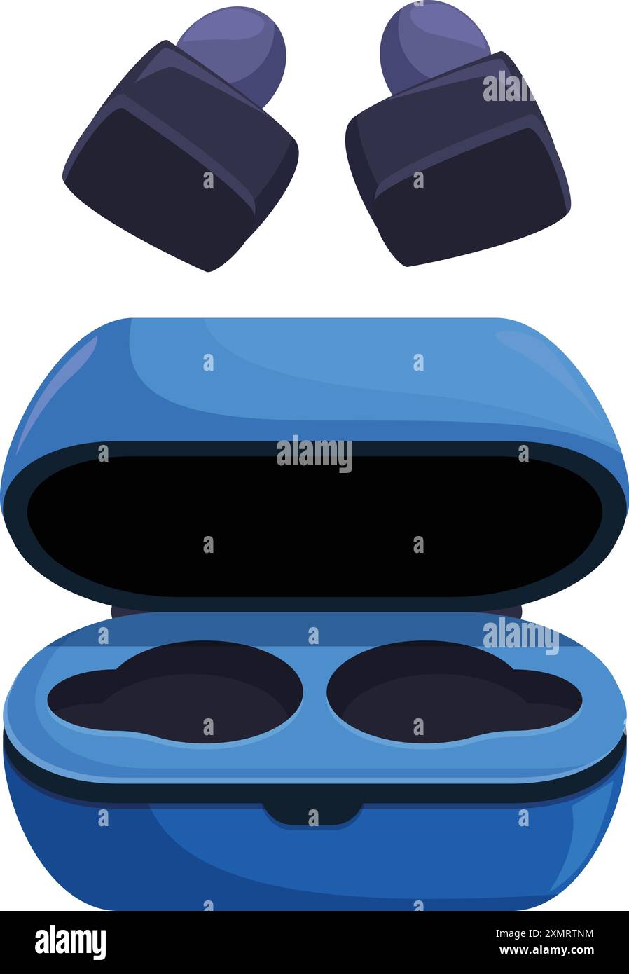 Open blue wireless earbuds case is floating above, showing the charging ...