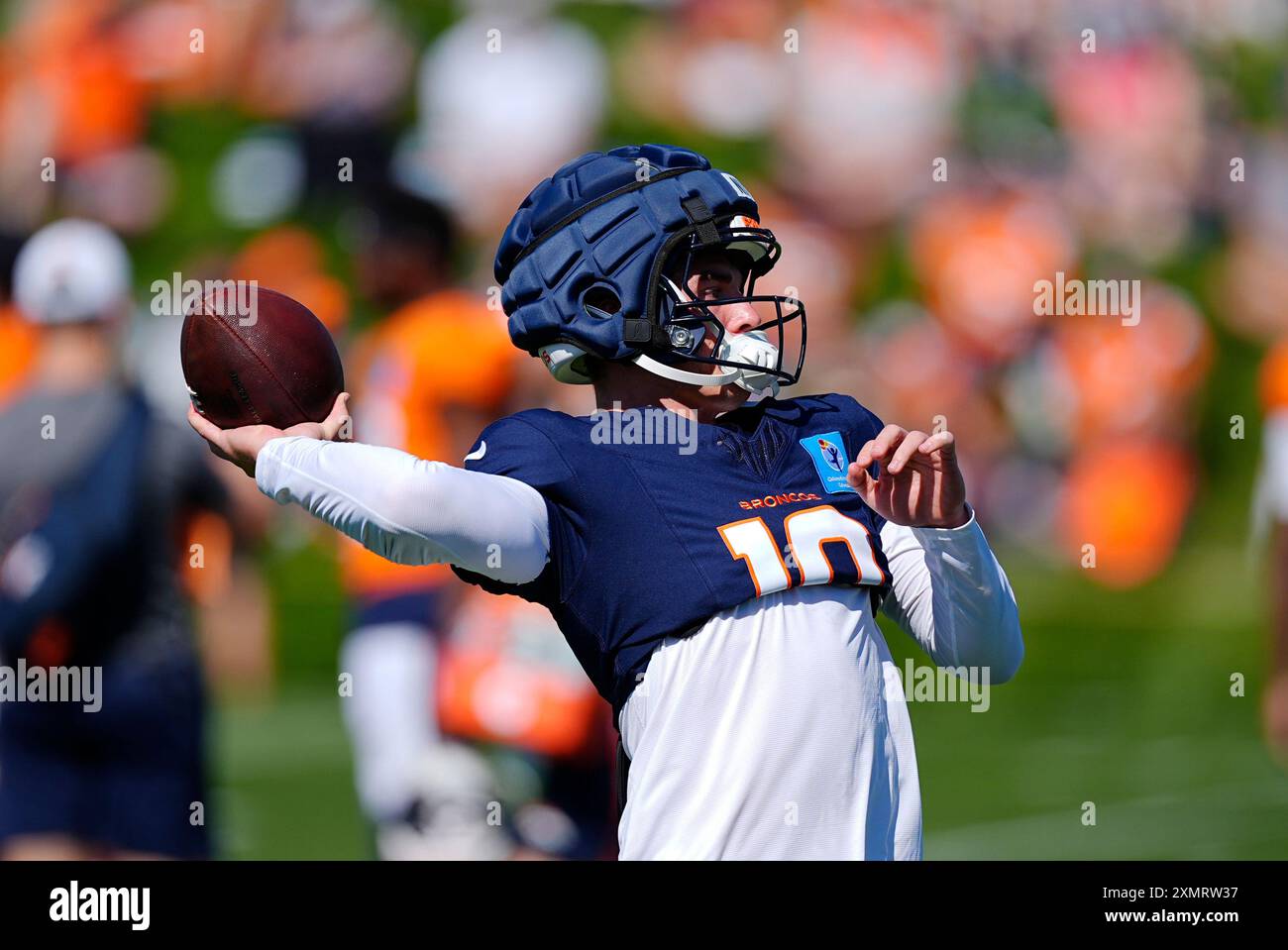 Denver Broncos quarterback Bo Nix throws during NFL football training ...